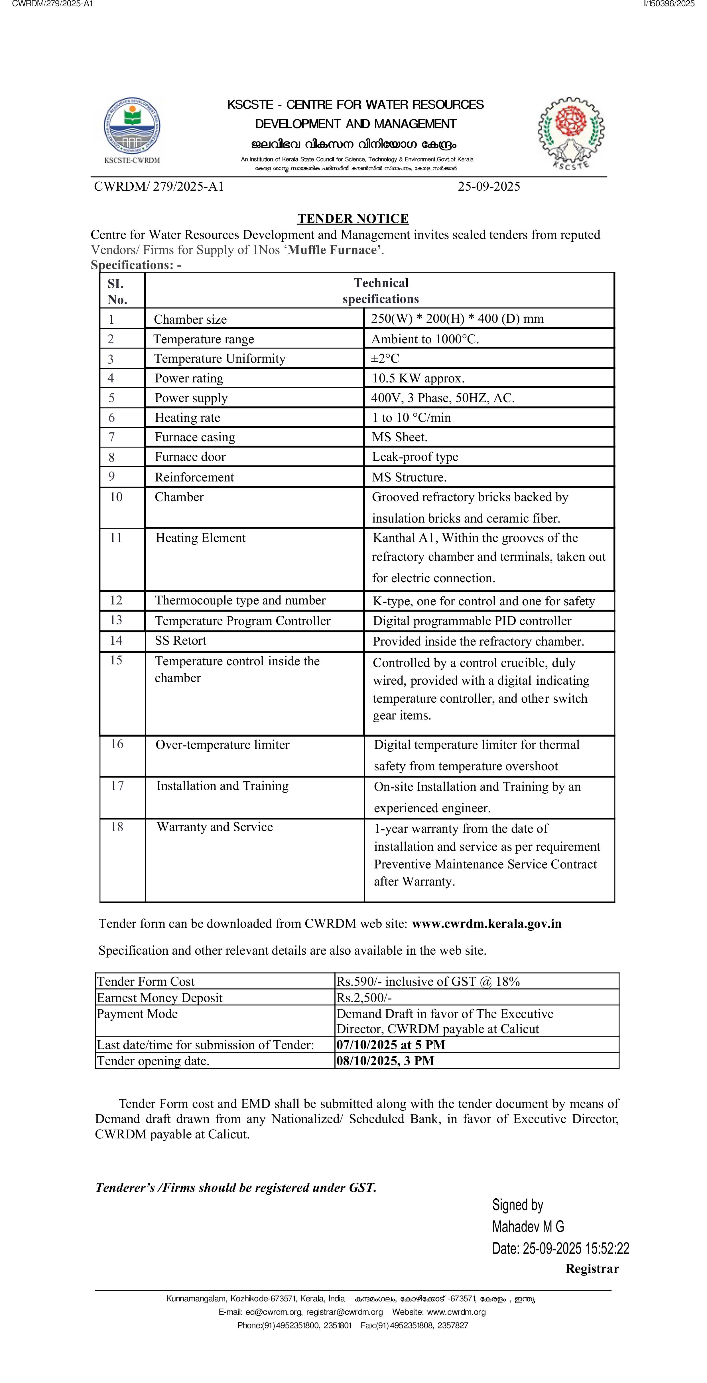 CWRDM invites tenders for Supply of 1Nos Muffle Furnace | CWRDM ...