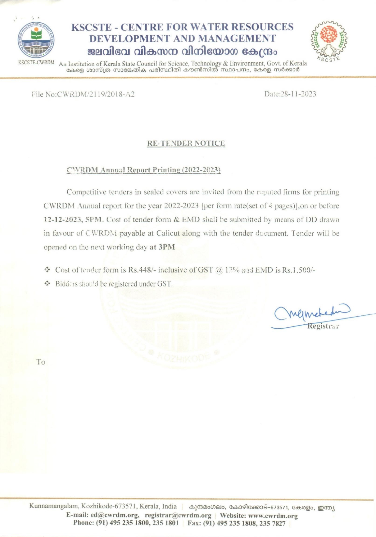 Re-Tender Notice .Tenders are invited for printing CWRDM Annual report ...