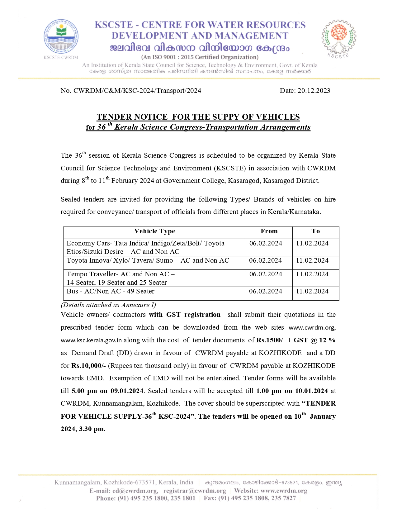Tender Notice for the supply of vehicles for 36th Kerala Science ...