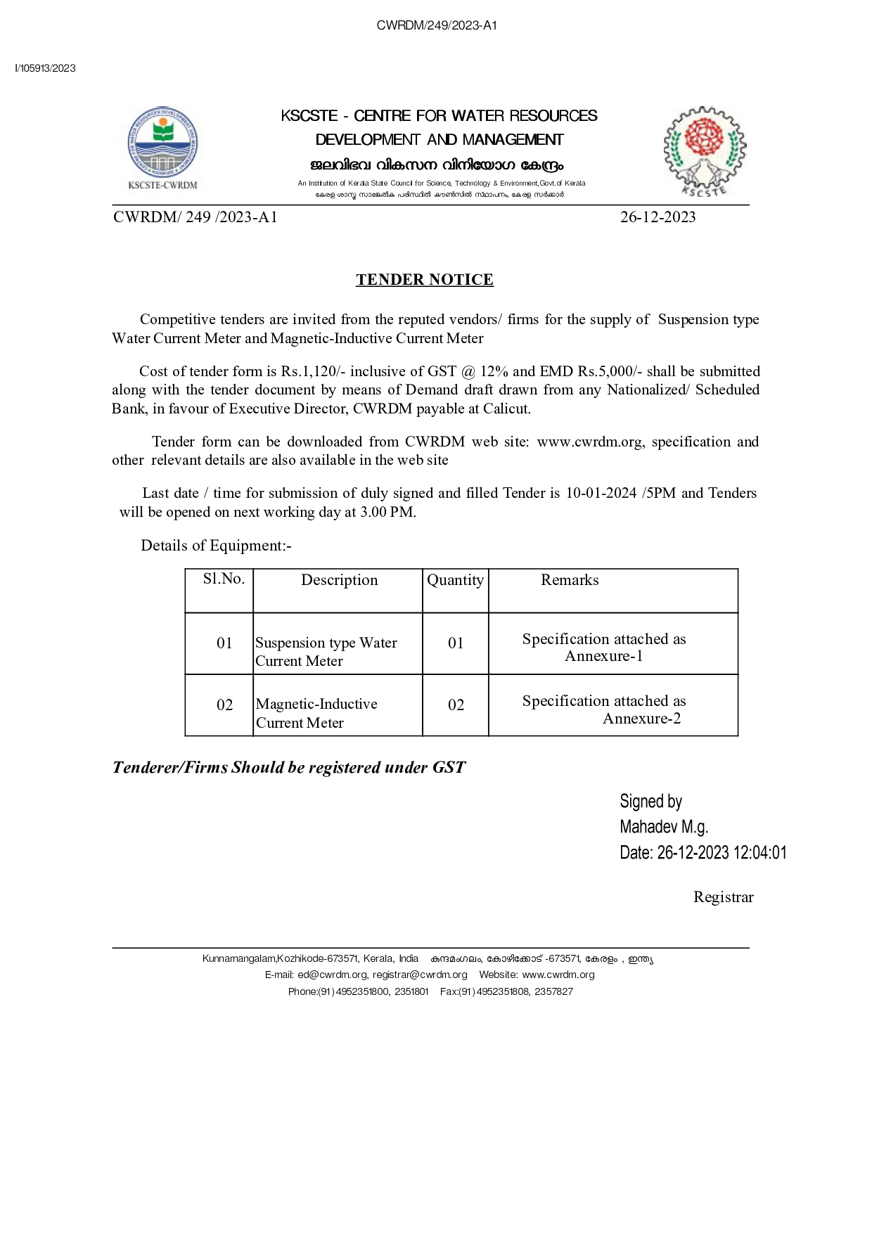 Tenders are invited for the supply of Suspension type Water Current ...