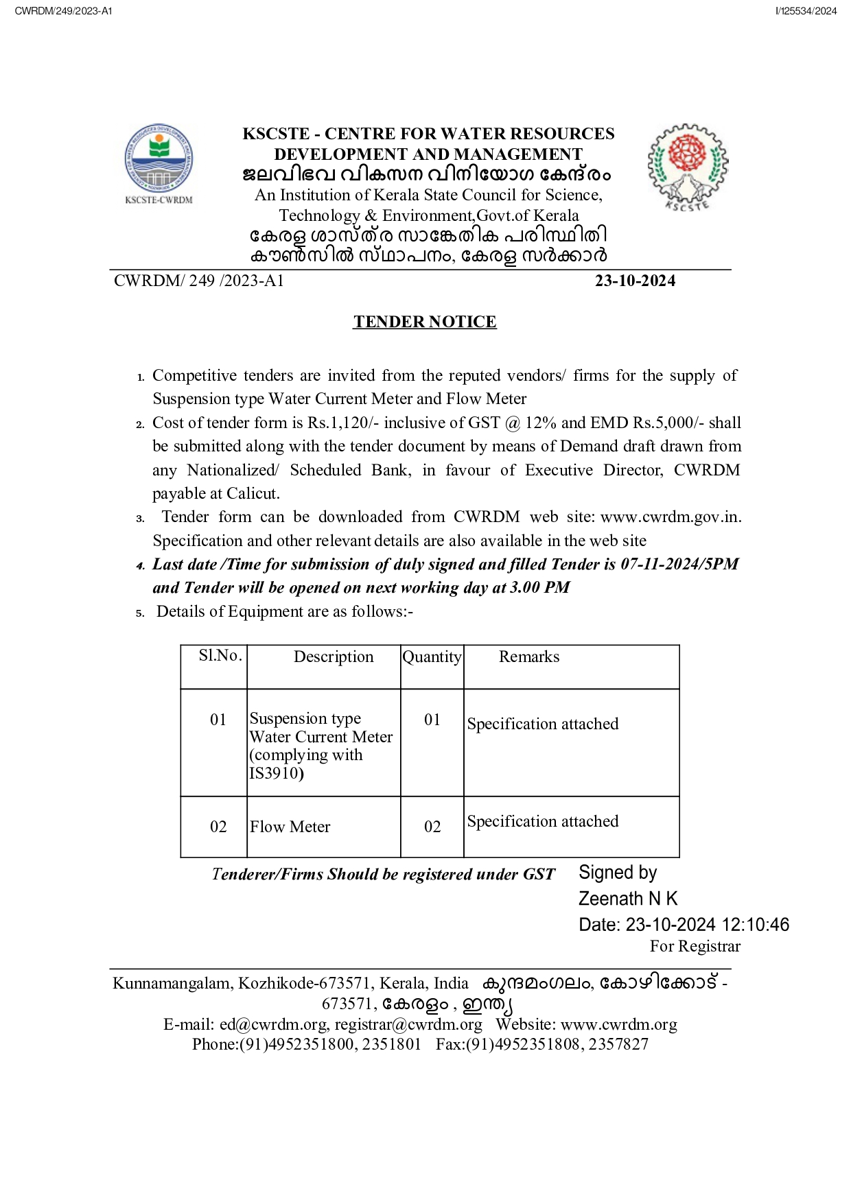 Competitive tenders are invited from the reputed vendors/ firms for the ...