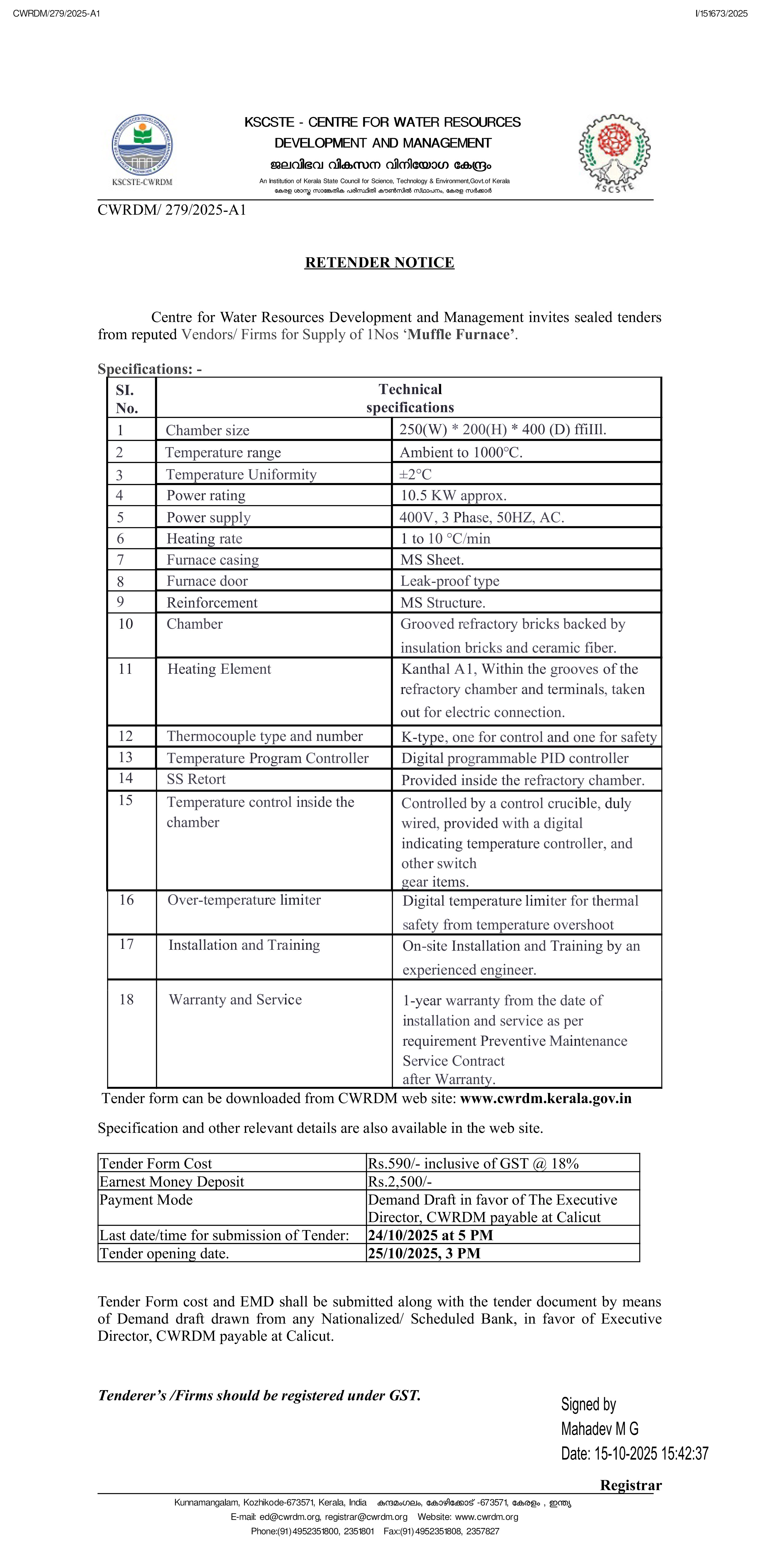 CWRDM invites tenders for Supply of 1Nos Muffle Furnace | CWRDM ...